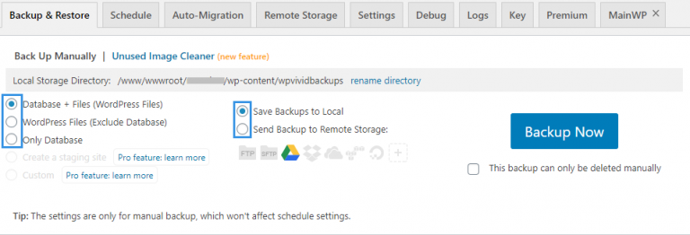 How-to: Create a Manual Backup with Backup & Migration Free | WPvivid Plugins Documentation