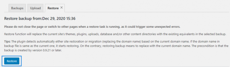 How To Restore Your Site From A Backup With Backup And Migration Free Wpvivid Plugins Documentation