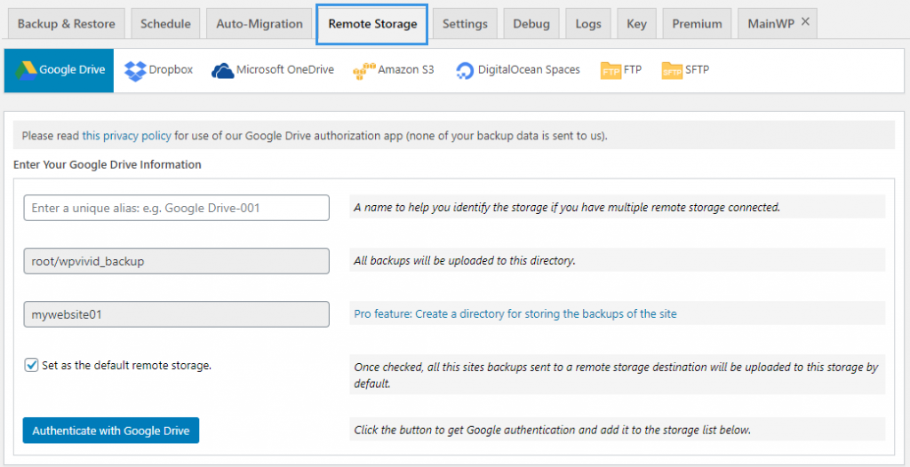 Overview: Remote Storage | WPvivid Plugins Documentation